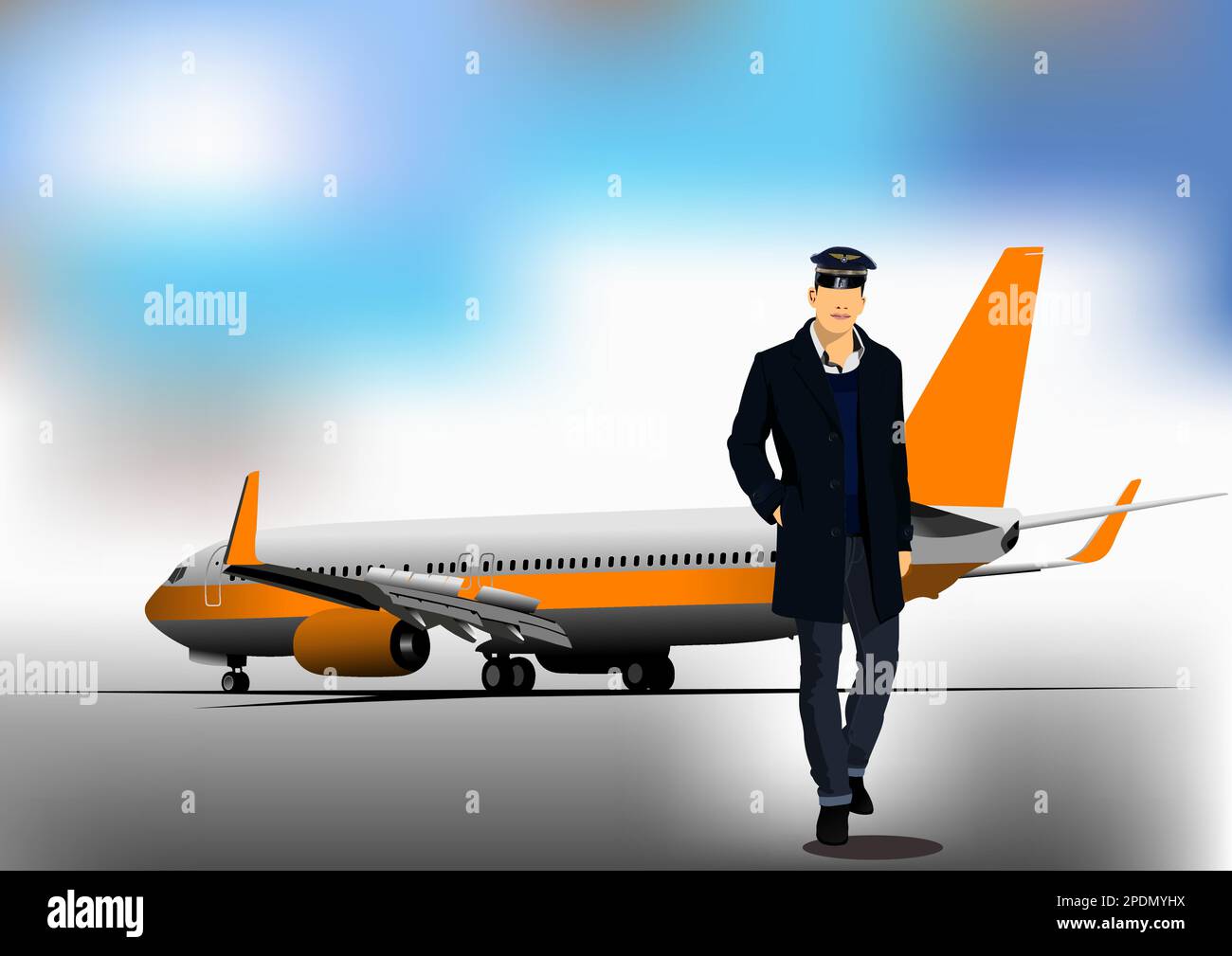 Airport scene with airplane and pilot images. Vector 3d illustration ...