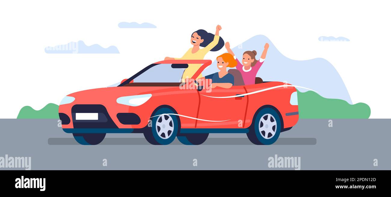 Cheerful girlfriends riding in convertible on road. Happy young women ...