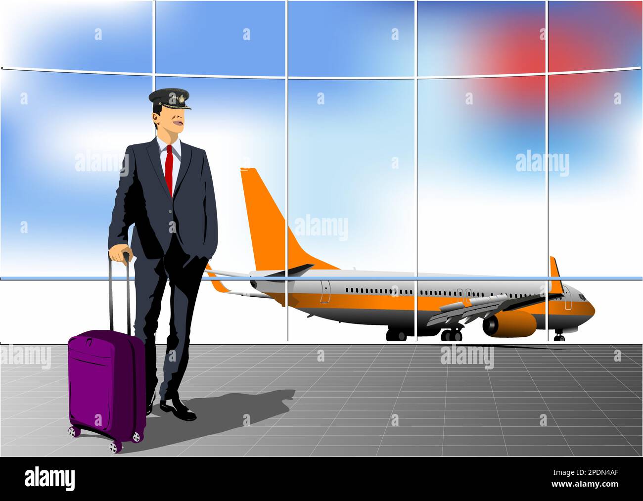 Airport scene with airplane and pilot images. Vector 3d illustration ...