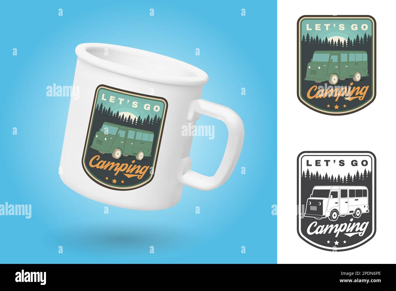 White camping cup. Realistic mug mockup template with sample design ...