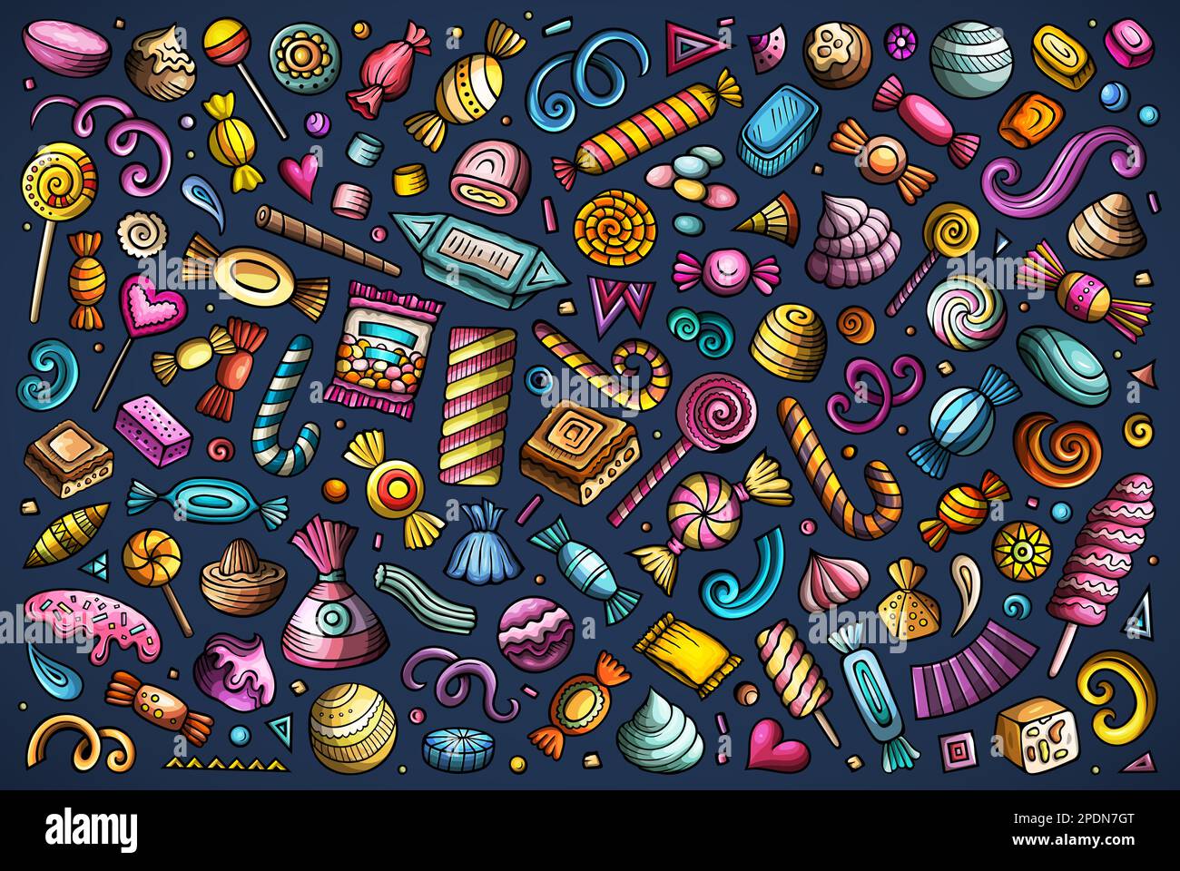 Colorful vector doodle cartoon set of Candies theme items, objects and ...