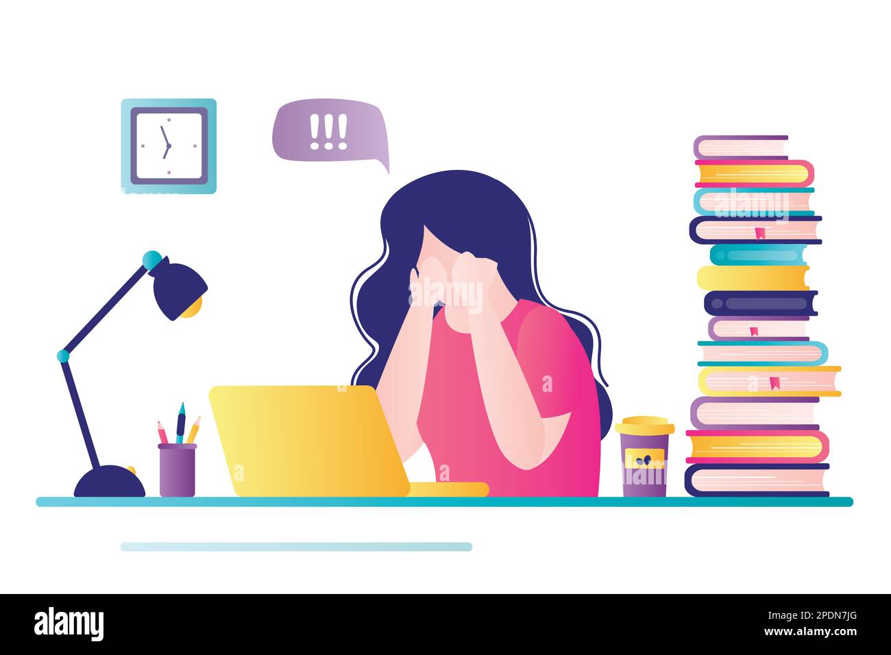 Young girl sits at workplace and cries. Cute woman has learning ...