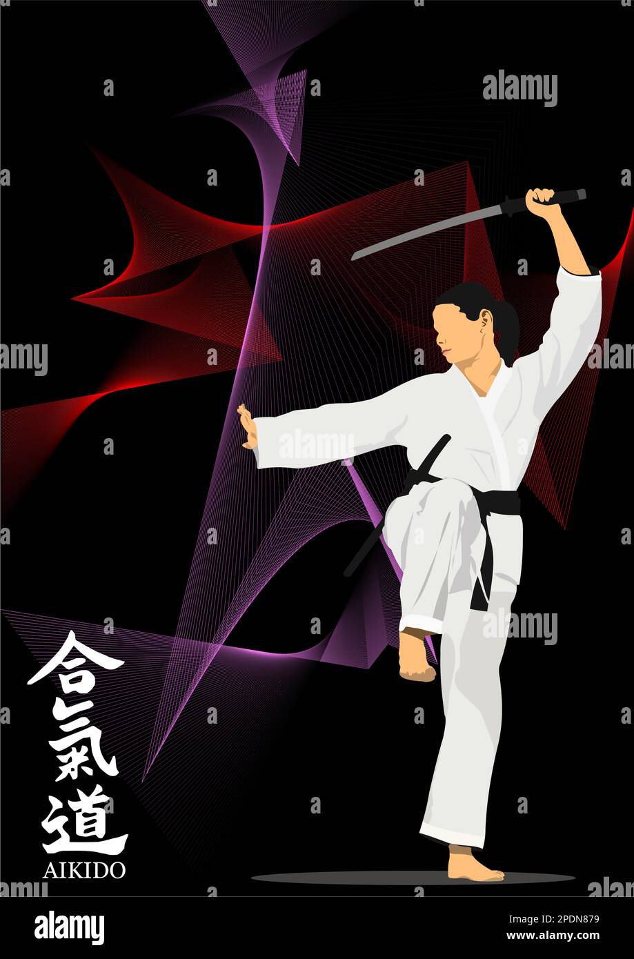 Oriental combat sports on abstract wave background. Colored 3d vector ...