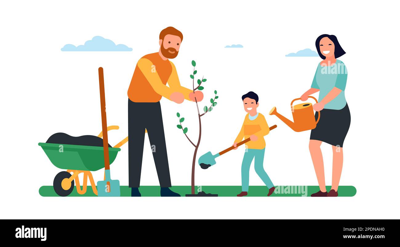 Family planted tree. Father and mother together with child gardening ...