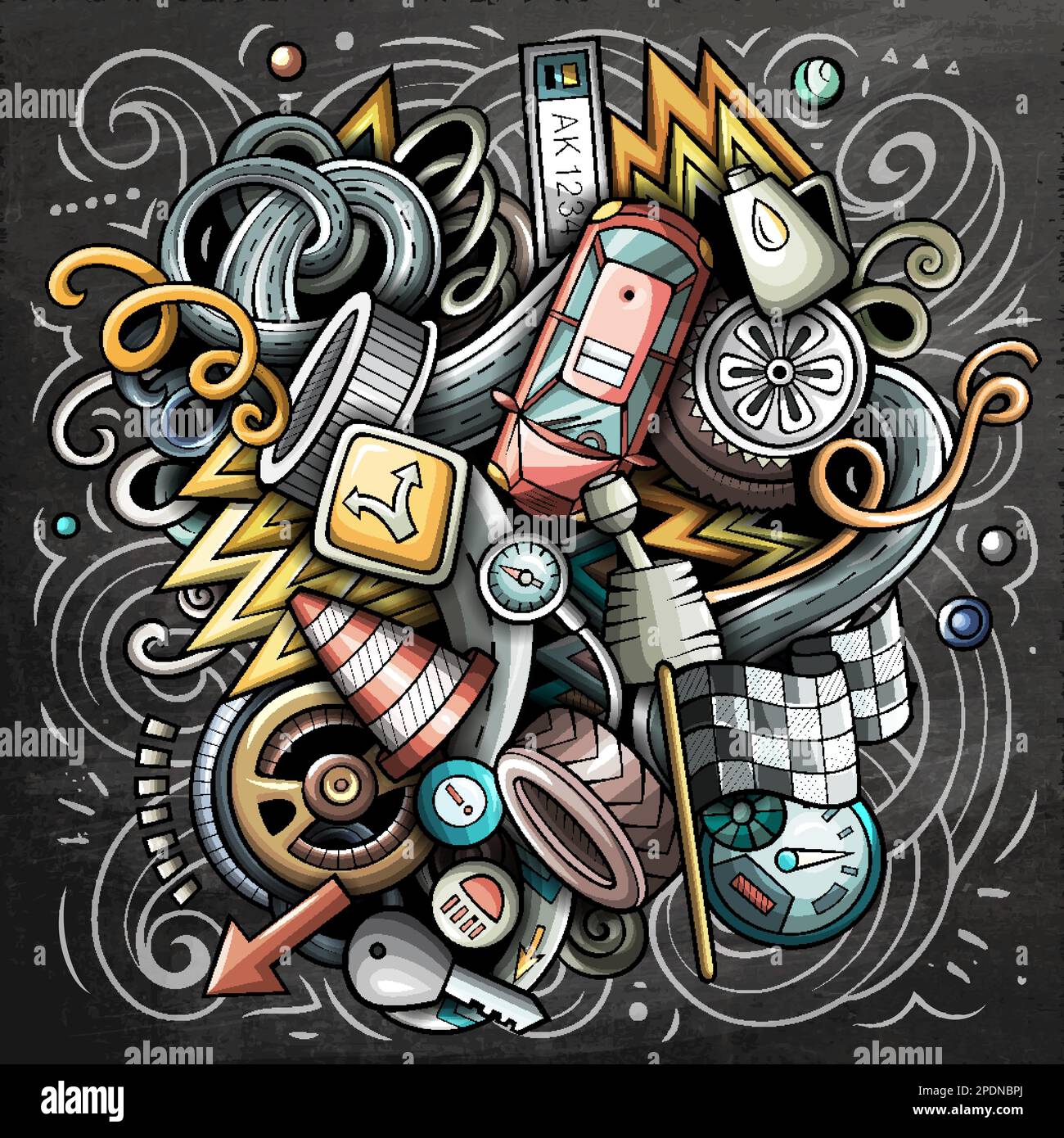 Auto Service cartoon vector illustration. Chalkboard detailed ...