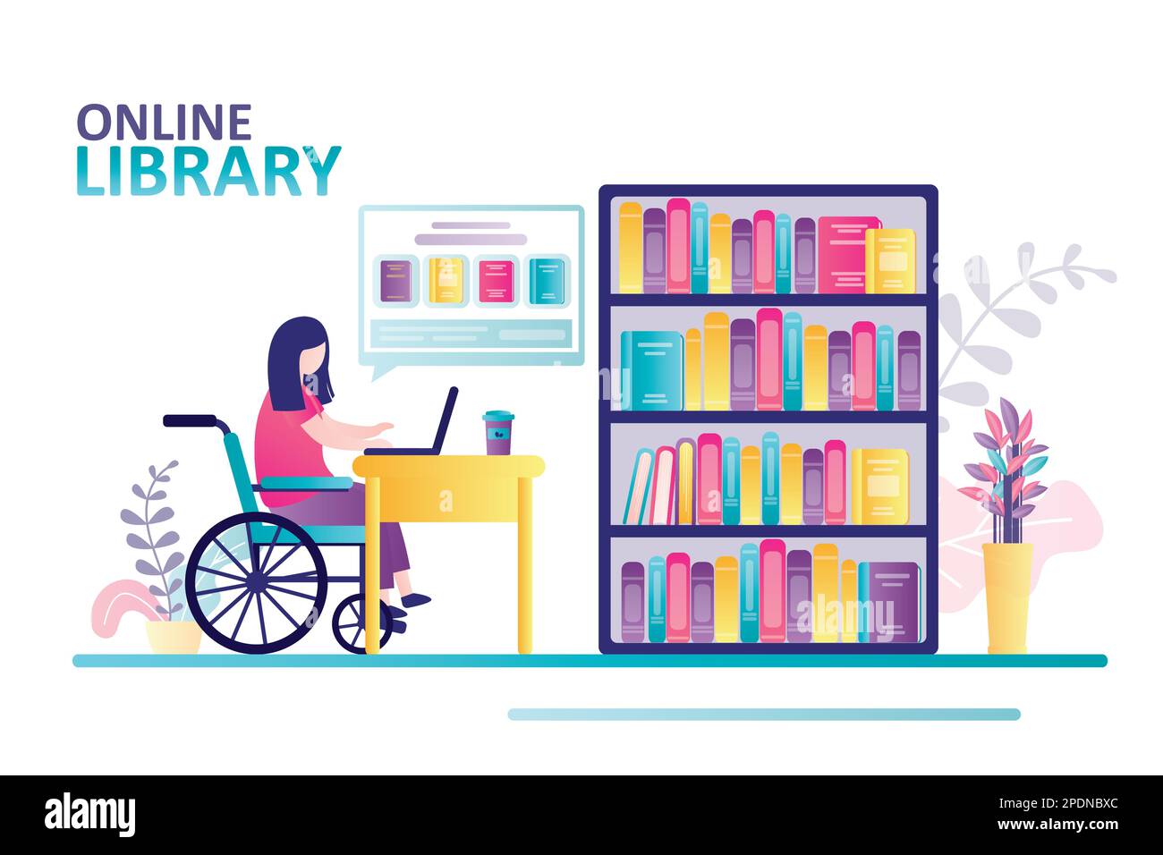 Disabled woman reads in library. Female character with disability ...
