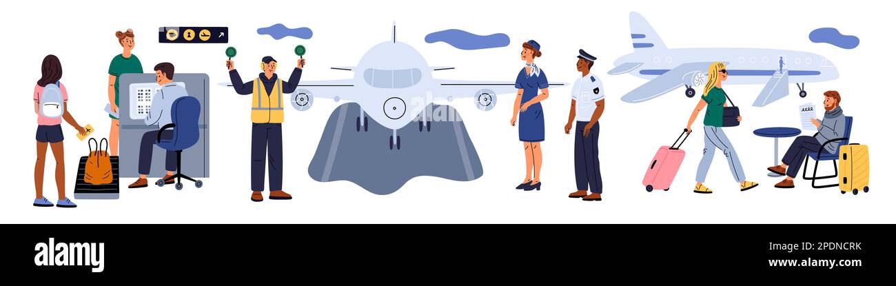 Cartoon people in airport. Airline employees. Different professions. Attendant and pilot. Ticket ...