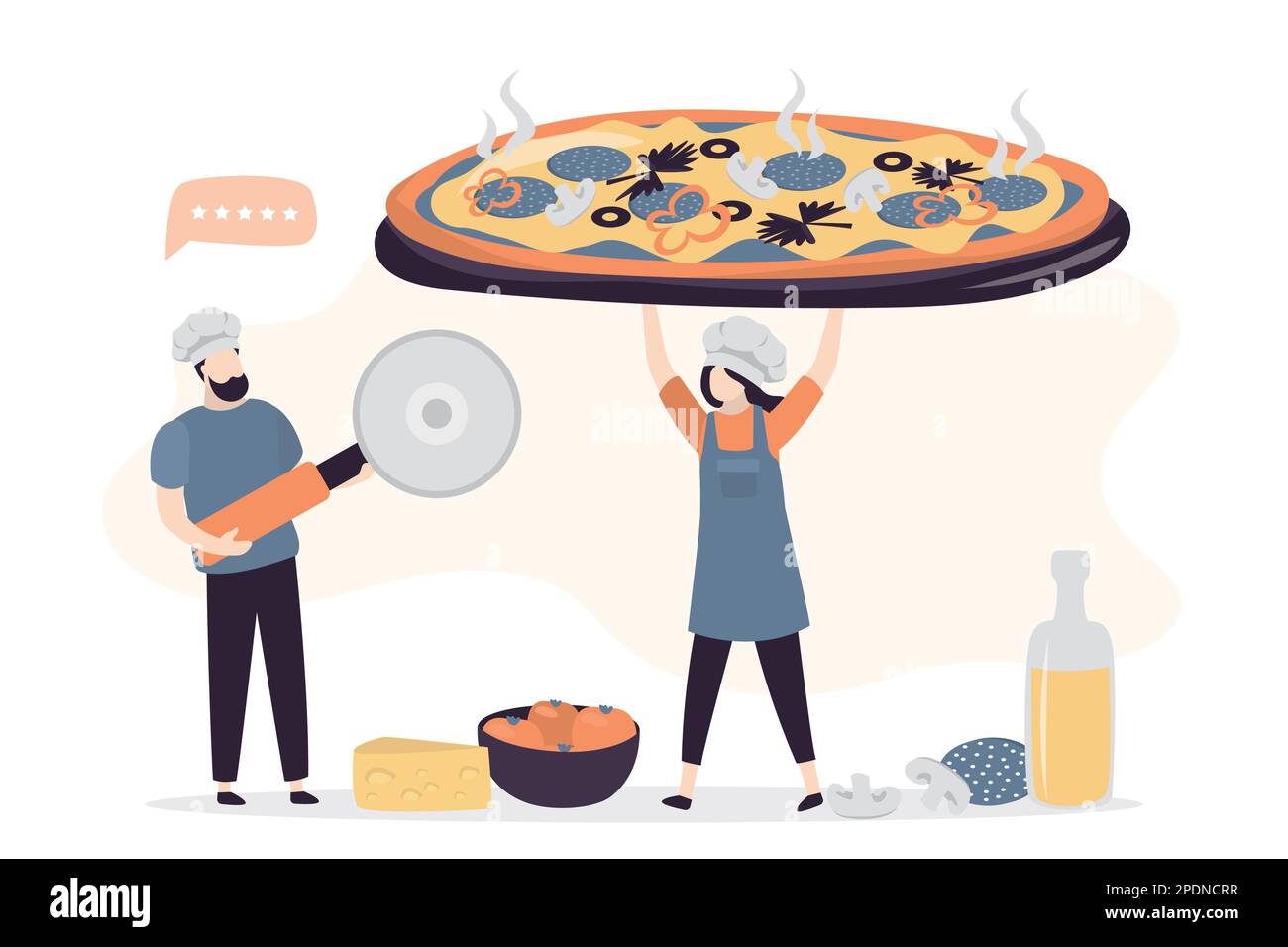 Tiny people cooking big pizza. Chefs prepare traditional italian food ...