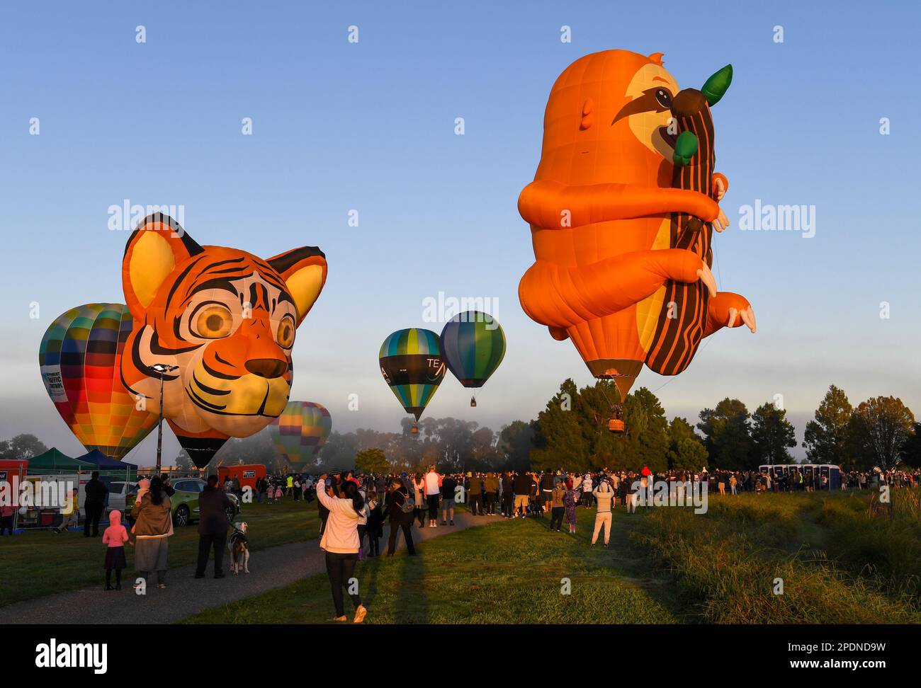 Hamilton, New Zealand. 15th Mar, 2023. People watch hot balloons flying ...