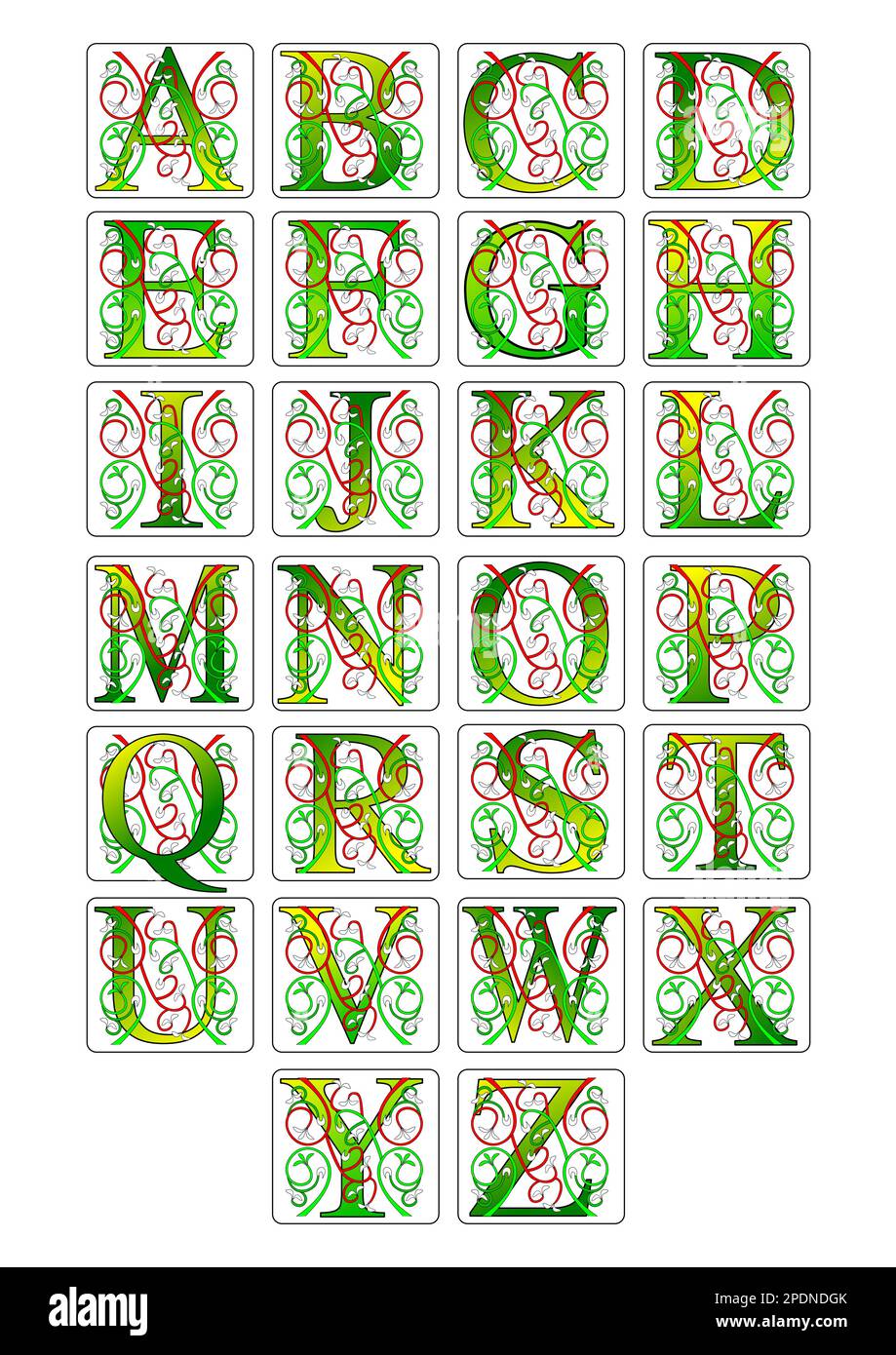 Jungle letters. Nature floral alphabet. Forest green gradient ...