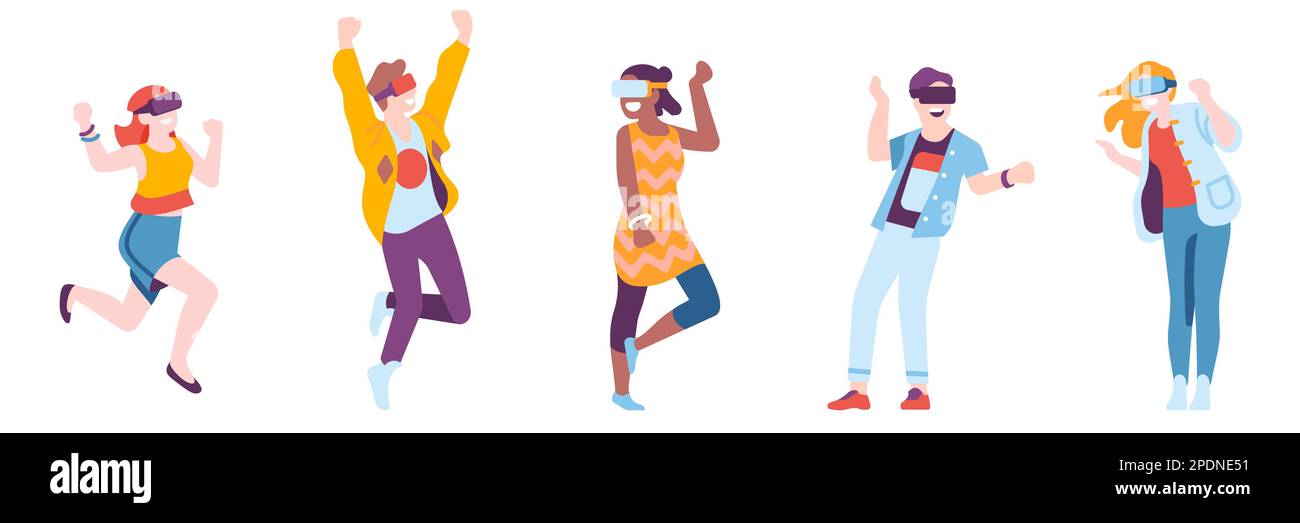 Male and female characters having fun in virtual reality. People with ...