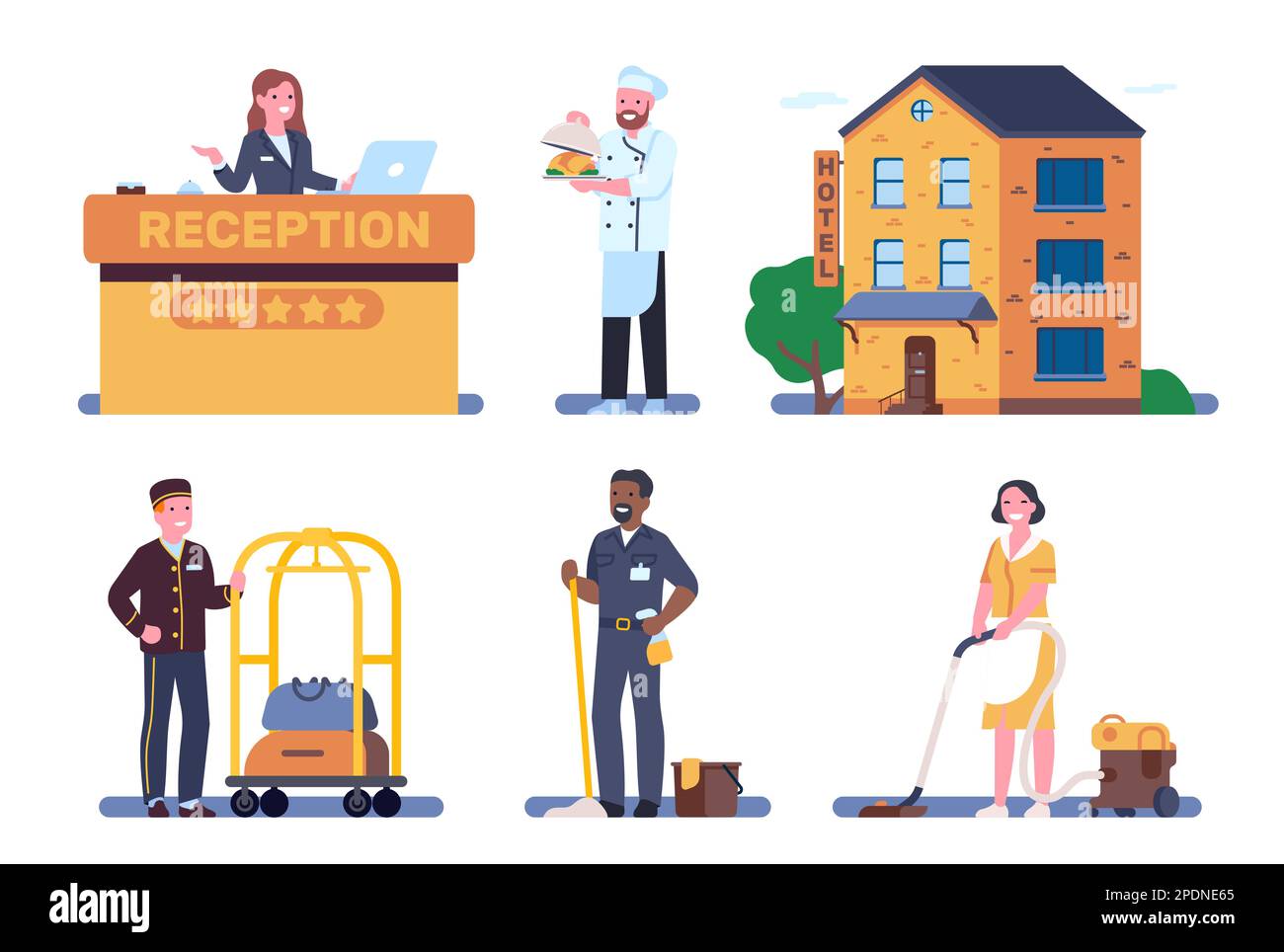 Hotel staff. Hospitality service. Receptionist at reception desk. Maid ...