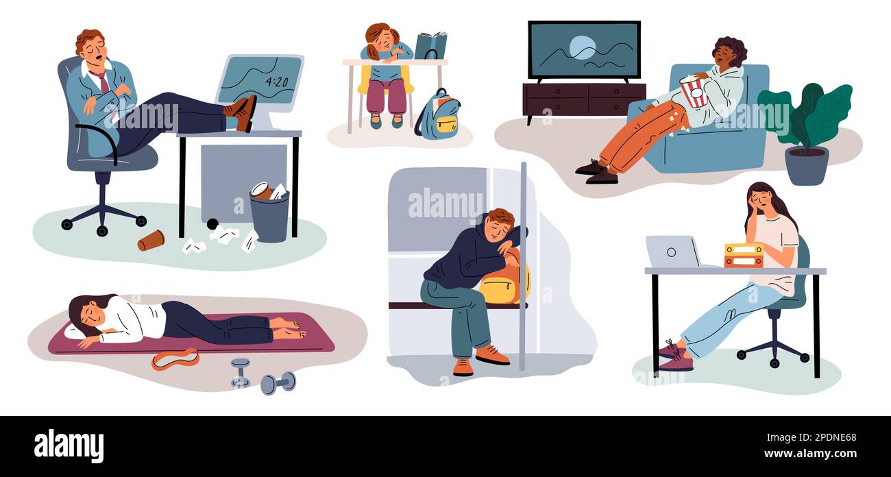 Sleepy people. Tired and asleep characters. Unexpected places ...