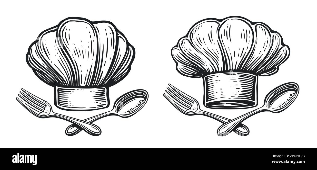 Chef hat with spoon and fork. Cook emblem or badge for restaurant or ...