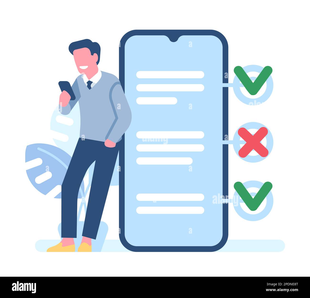 Man takes online exam. Guy chooses answer in test. Smartphone screen ...