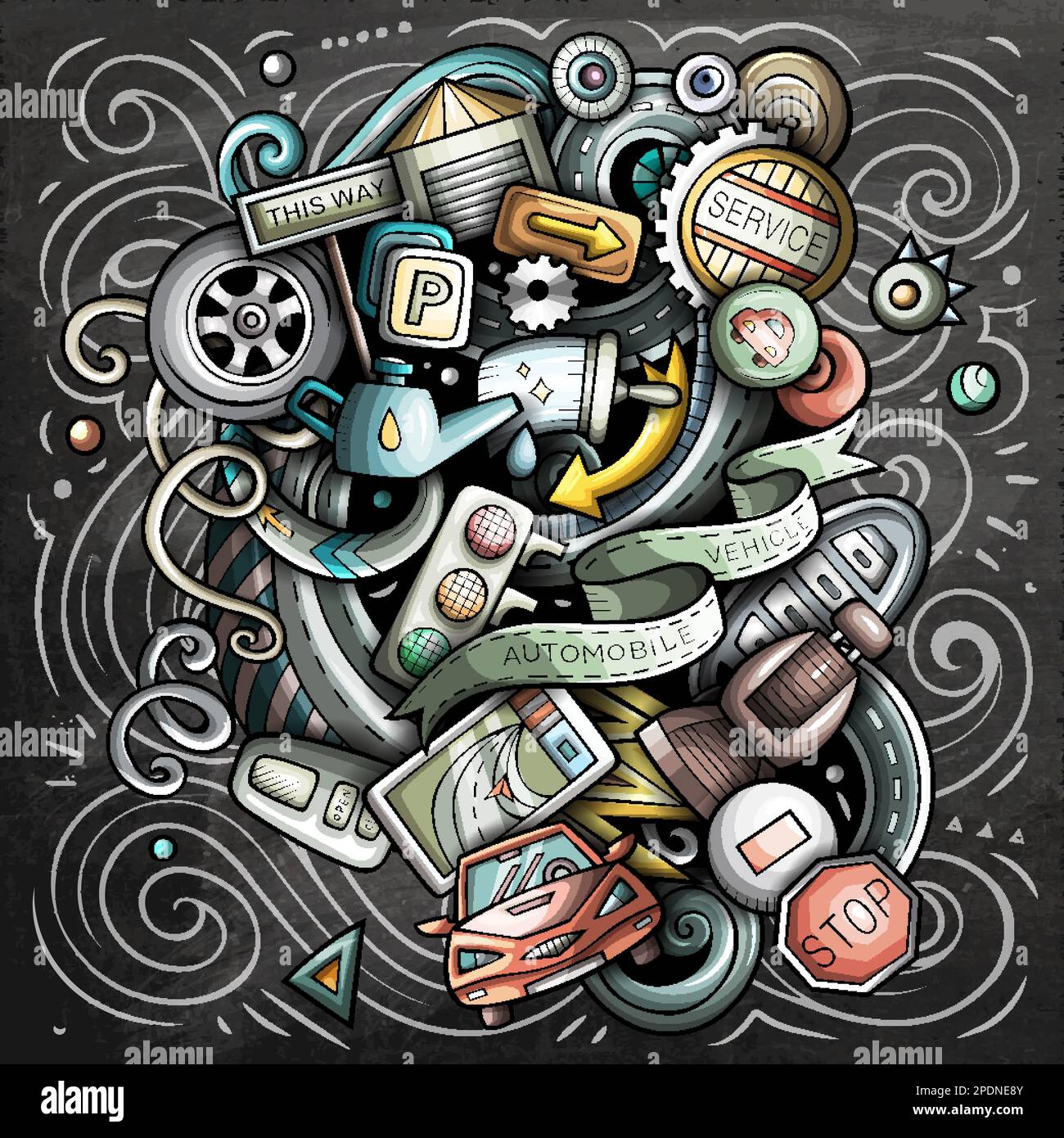 Auto Service cartoon vector illustration. Chalkboard detailed ...