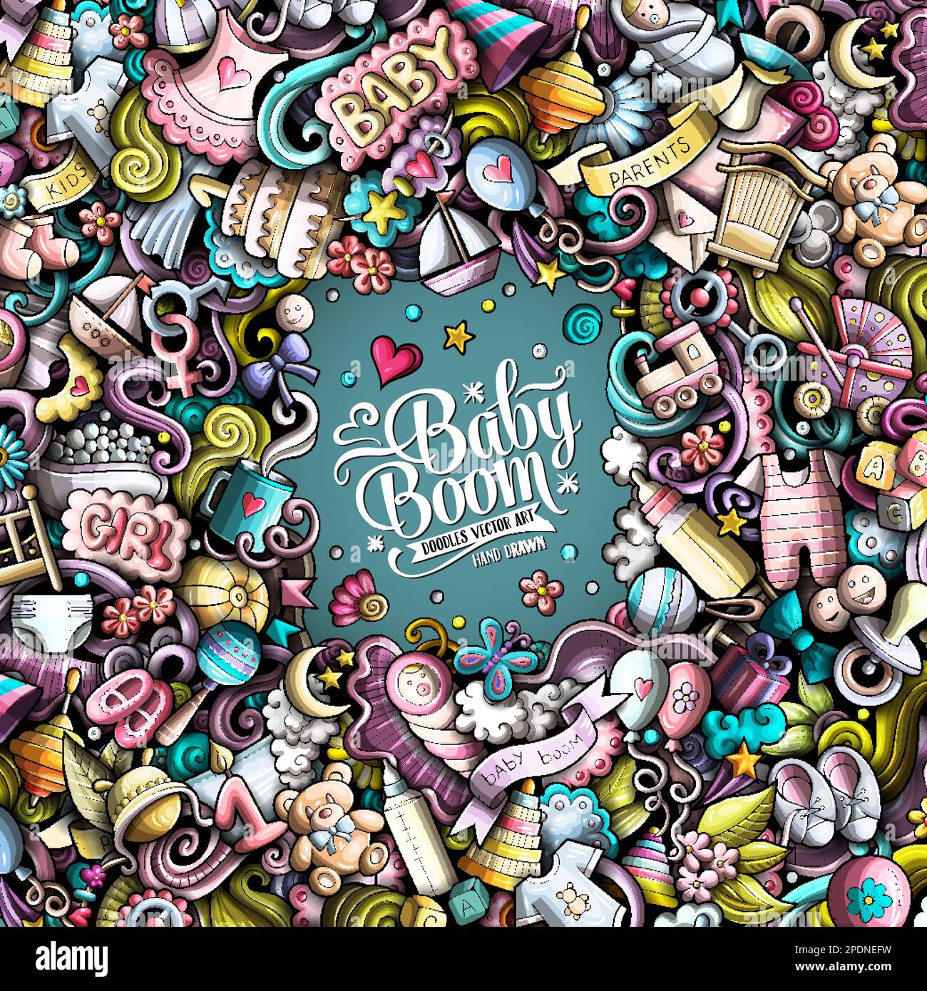 Baby vector doodles border illustration. Child frame design. Newborn ...