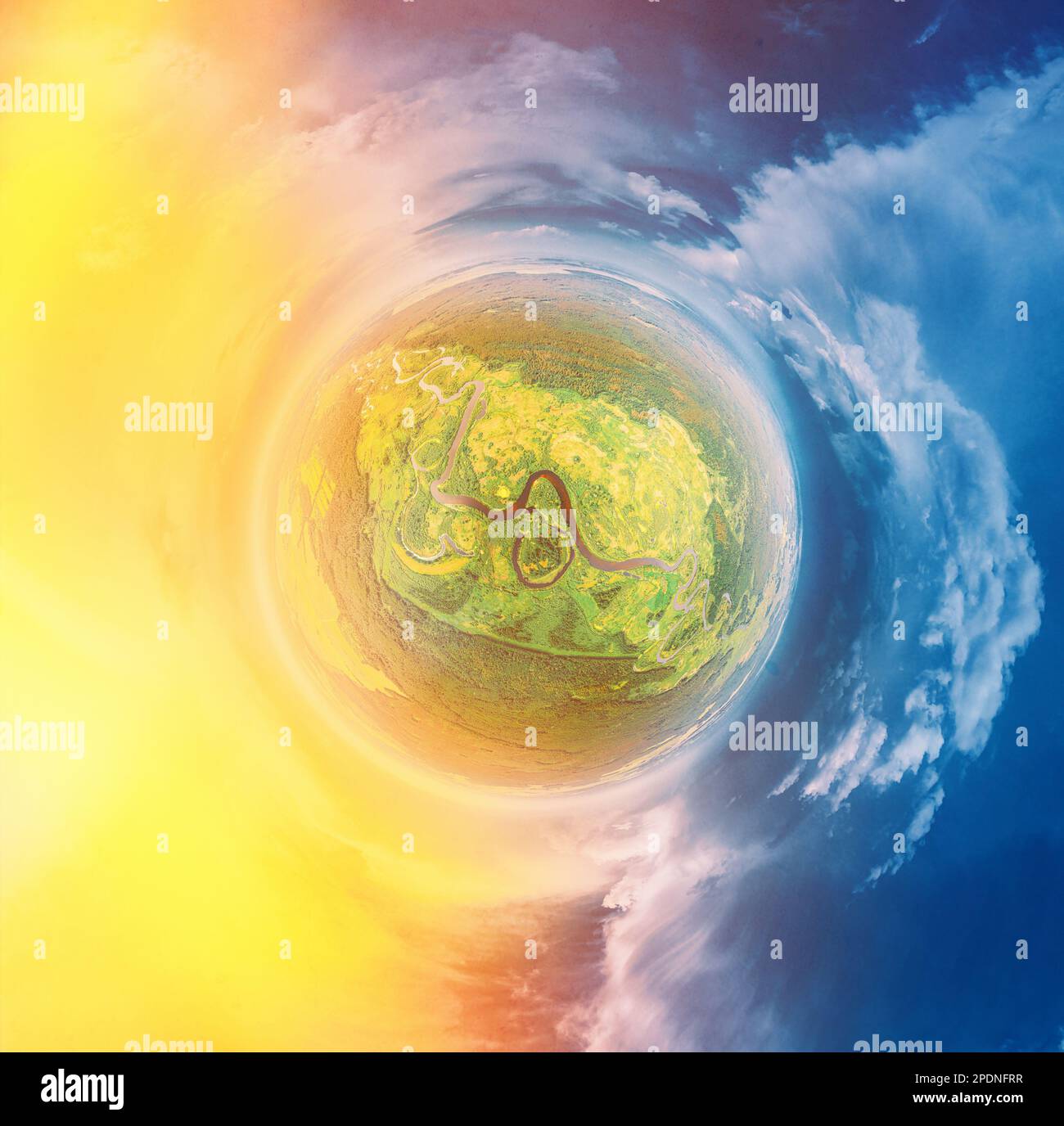 little planet view Green Forest Woods And River Landscape In Sunny ...