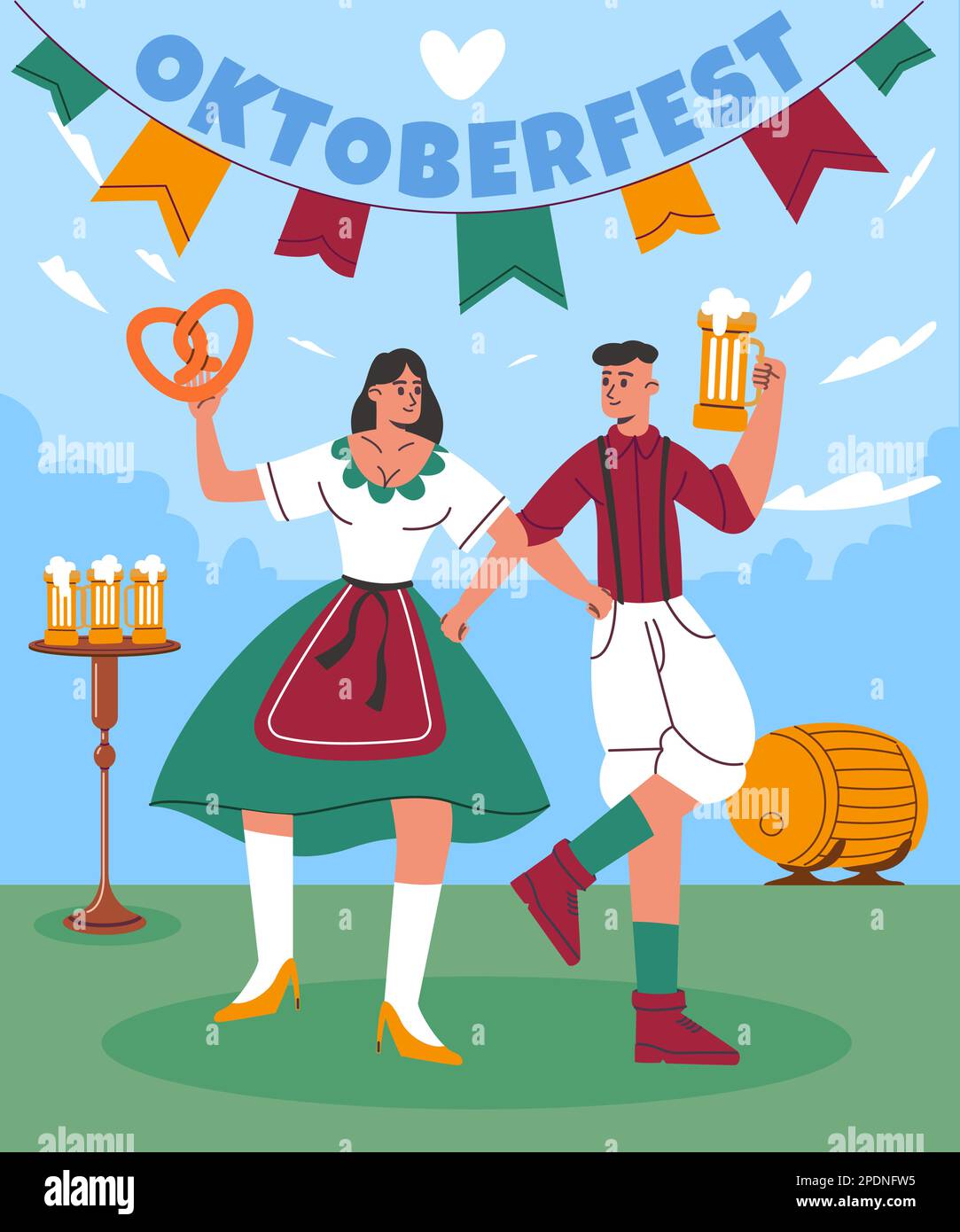 Oktoberfest characters poster. Funny dancing Bavarian couple in ...