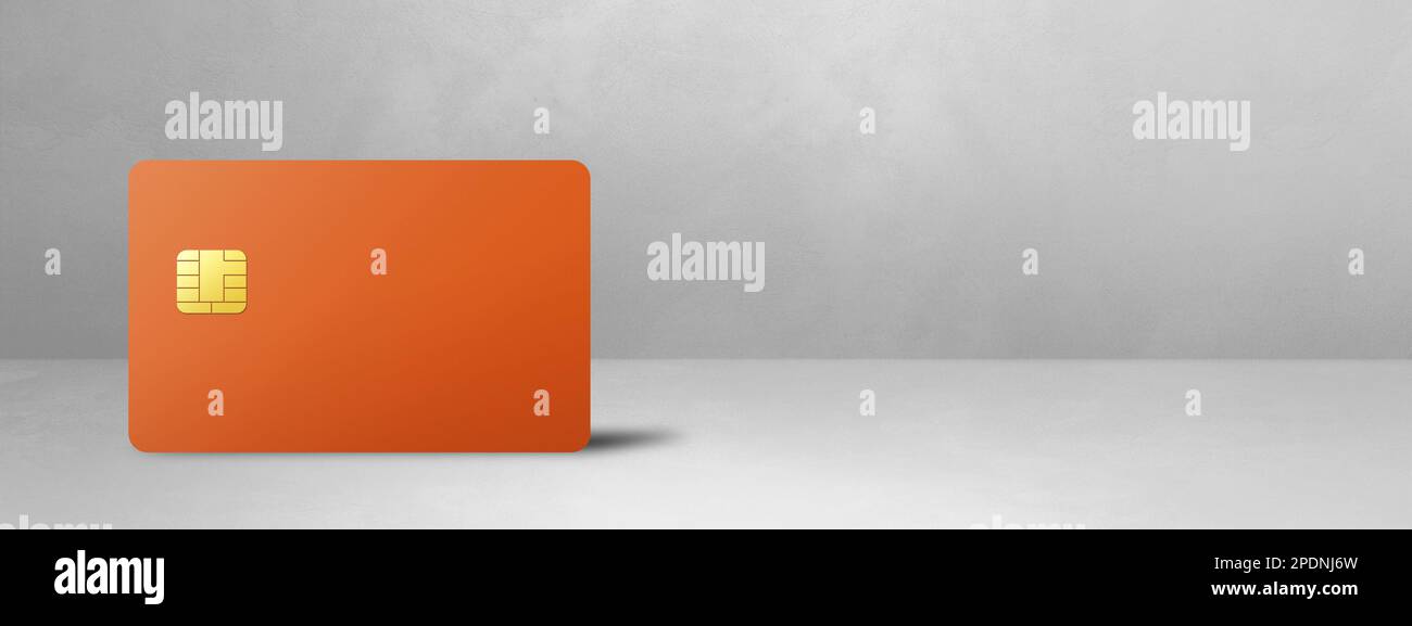 Orange credit card template on a white concrete background. 3D ...