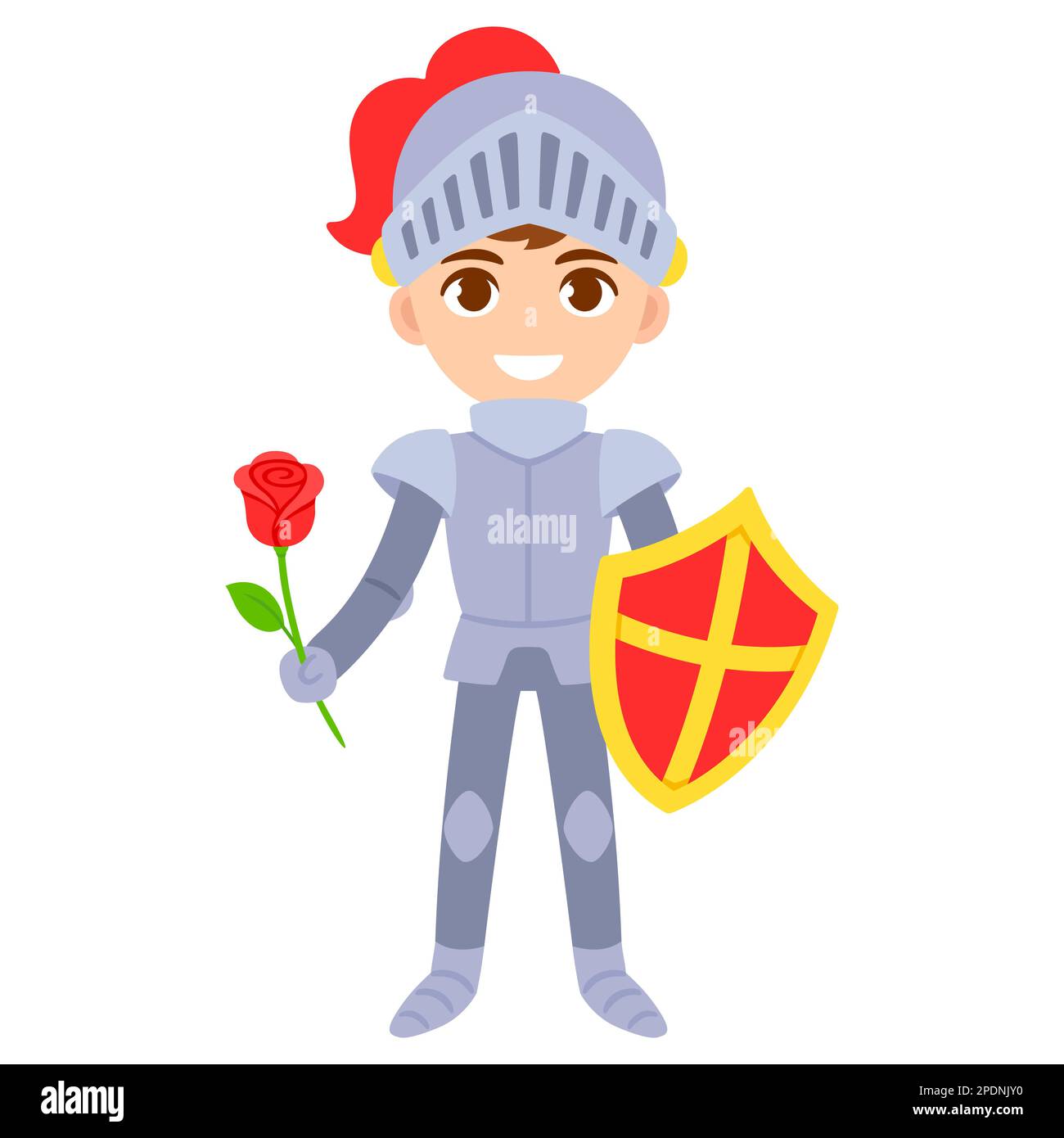 Cute cartoon boy in medieval knight costume holding a rose. Isolated ...