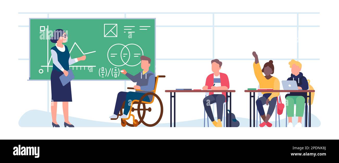 Teacher and disabled boy in wheelchair near blackboard. Woman teaches ...