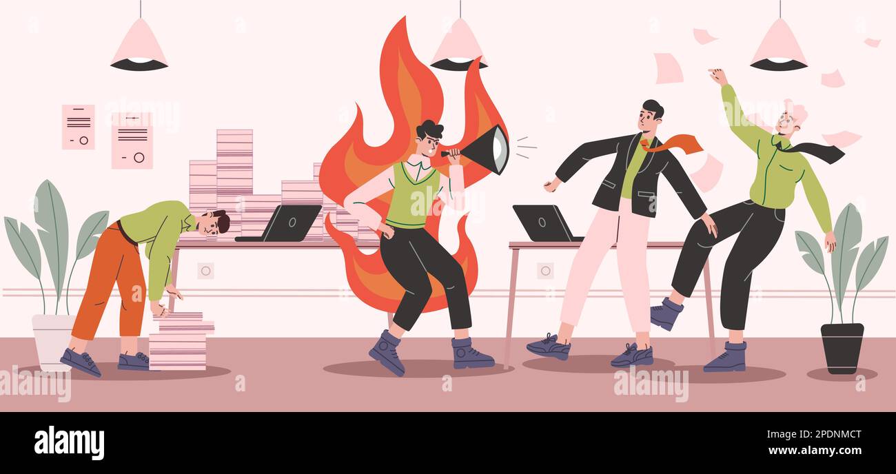 Tense office atmosphere. Angry boss yells at subordinates. Stressed ...