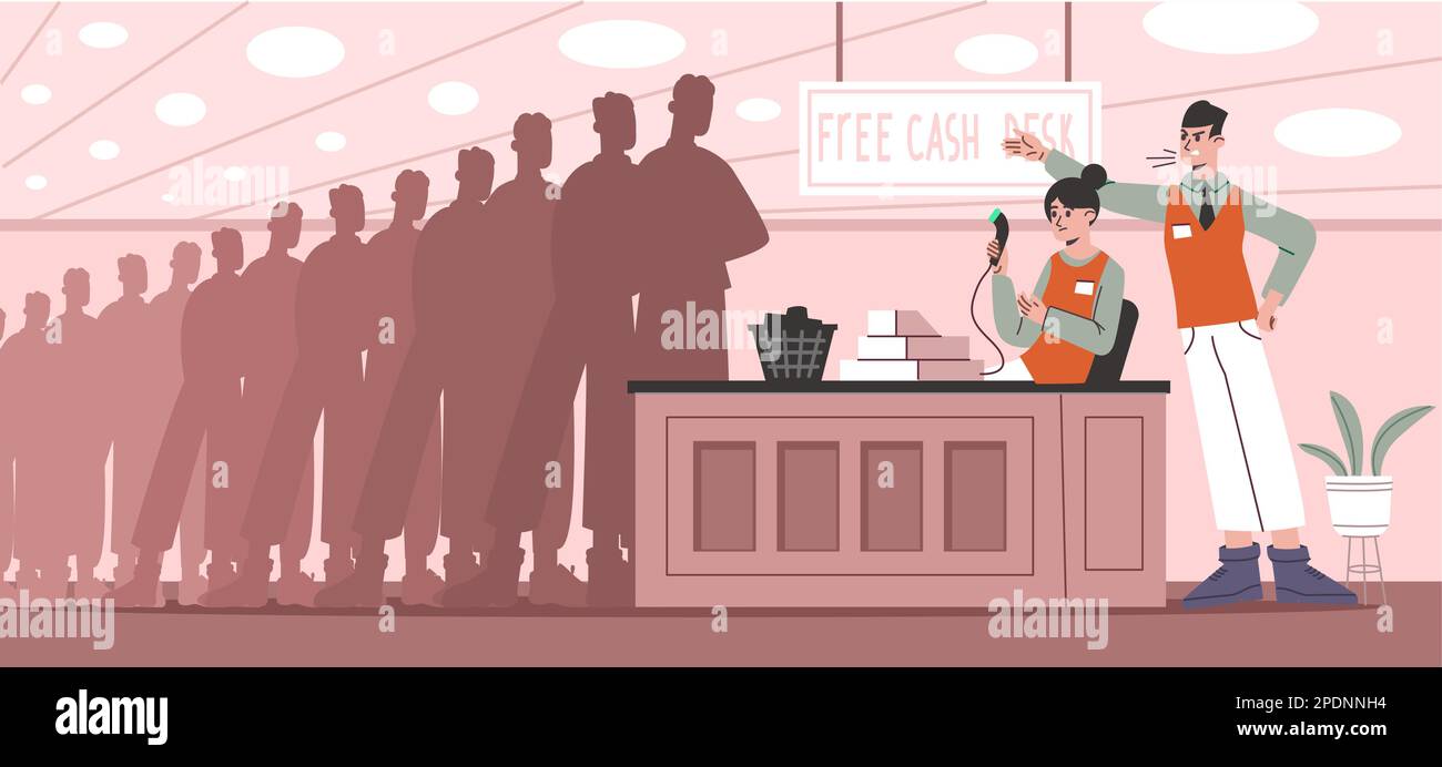Workplace conflict. Manager yells at cashier. Silhouettes people queue ...
