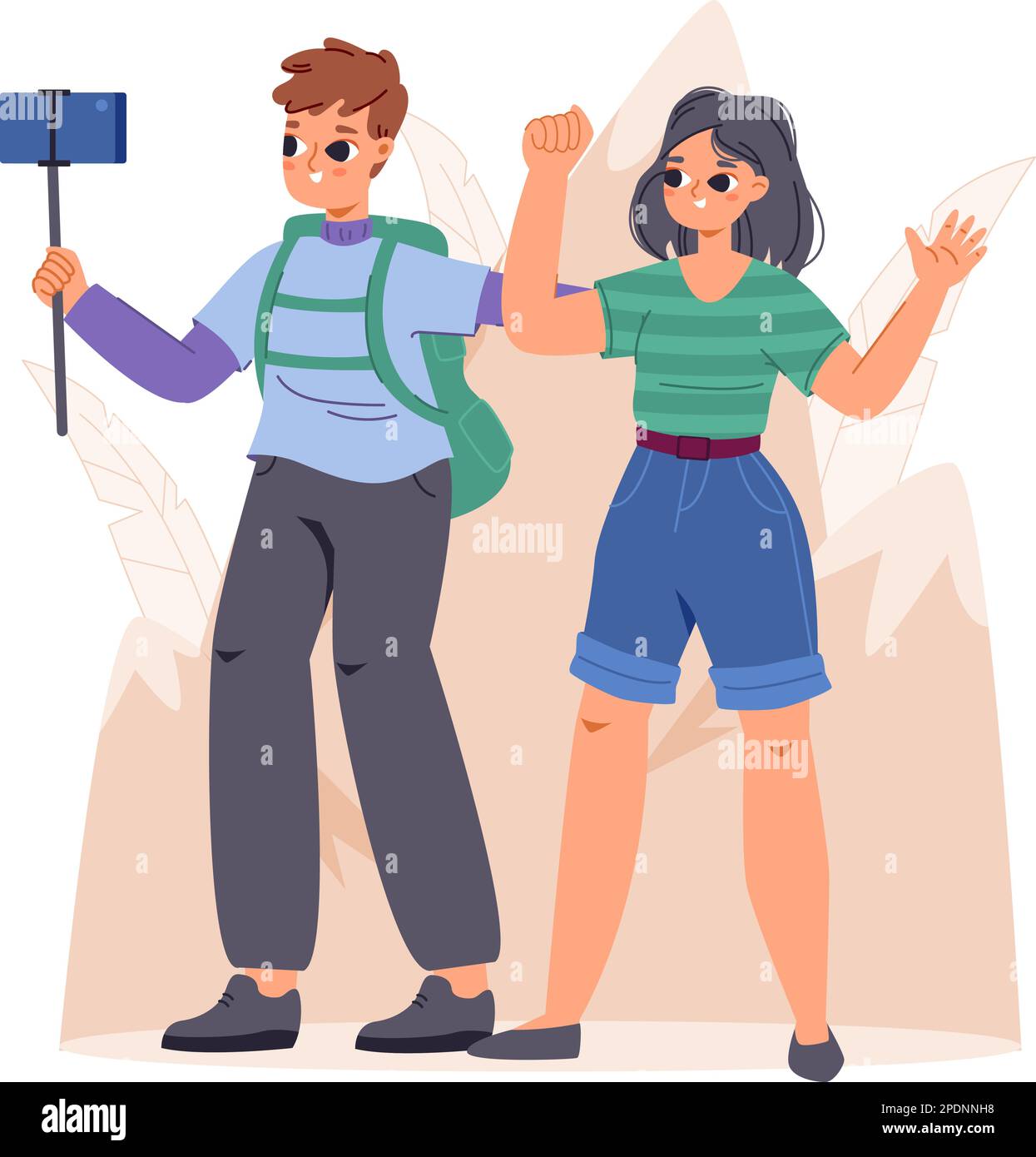 Tourist in mountains cartoon character. Hiking adventures, camping trip vacations. Happy ...