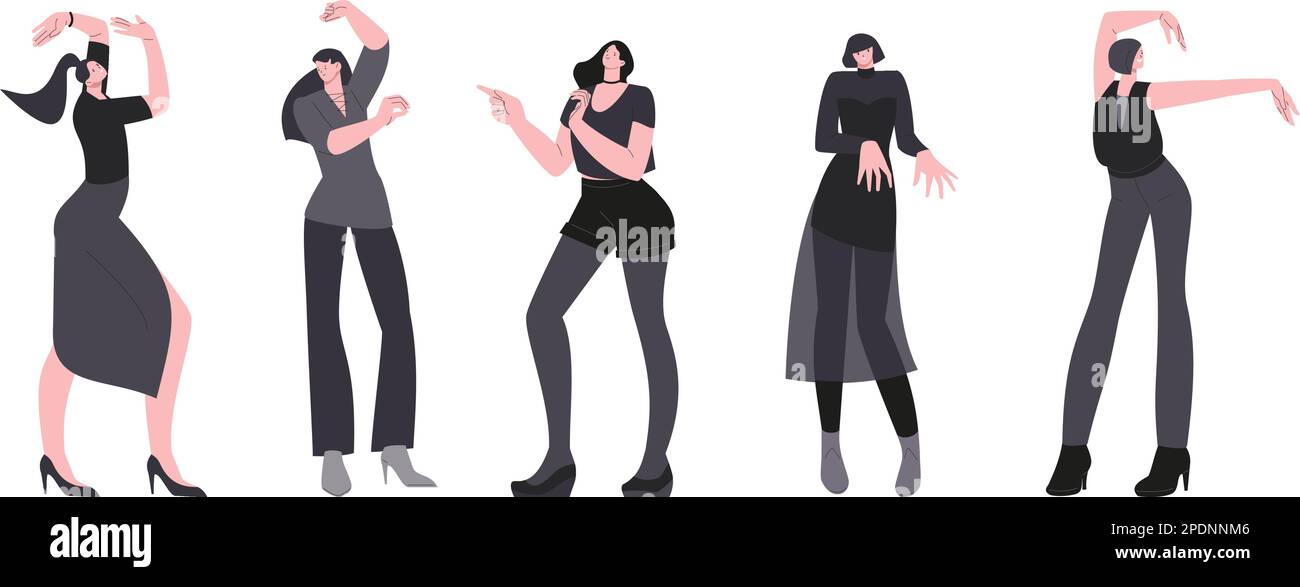 Dancing people in black. Various dance poses, social media trends. Fashion women, modern stylish ...