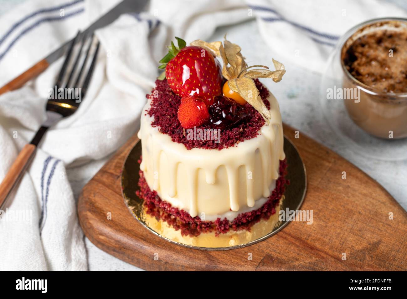 Fruit cream cake. Bakery desserts. Delicious round portion cake with ...