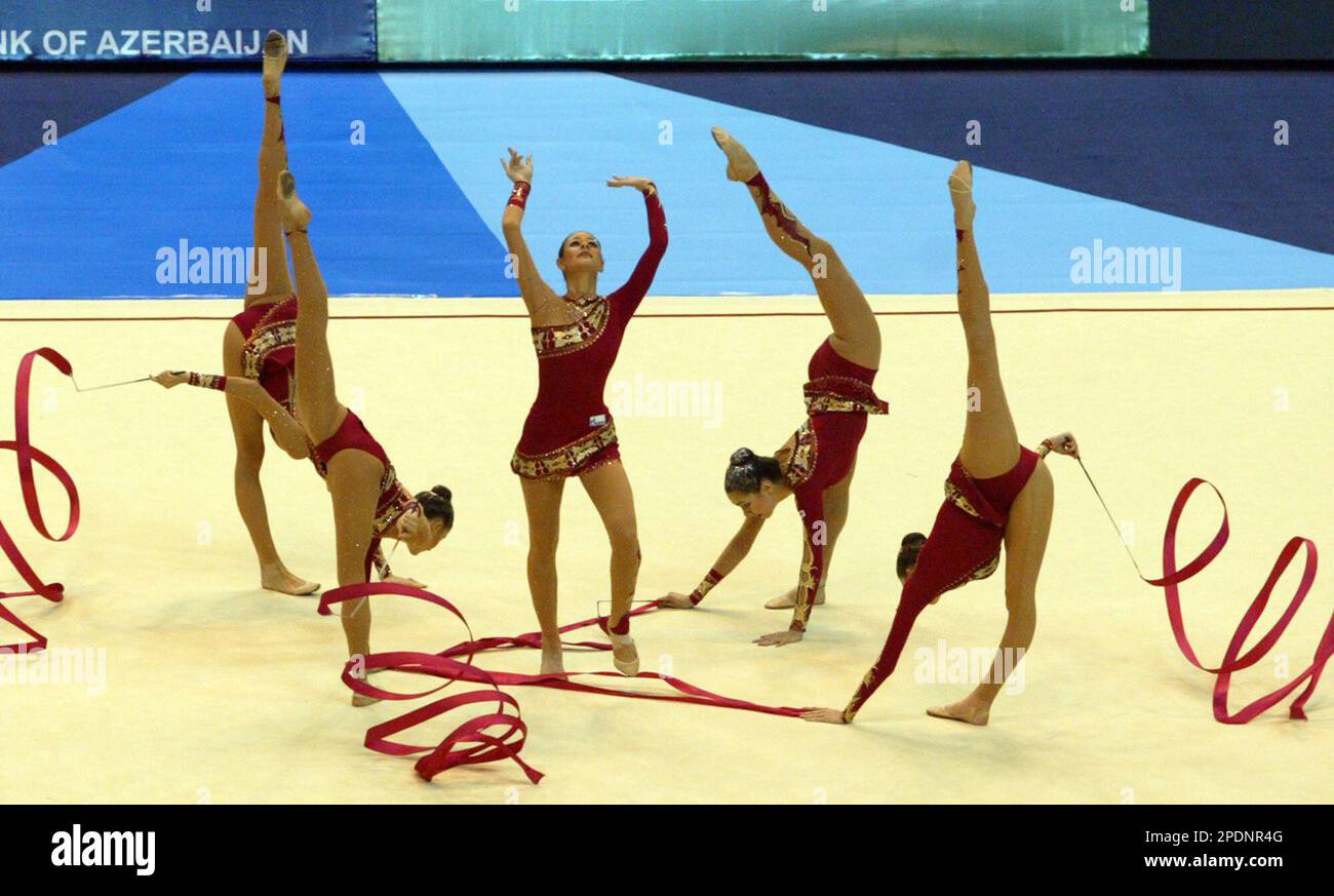 Russian team perform during the group apparatus final competition ...