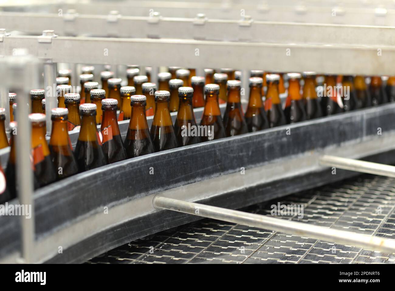 beer bottles on the assembly line in a modern brewery - industrial ...