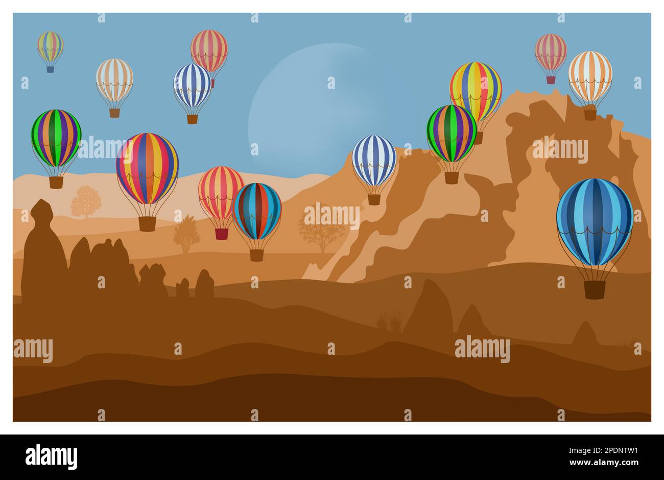 Cappadocia, Turkey. Colorful vector illustration with air balloons ...