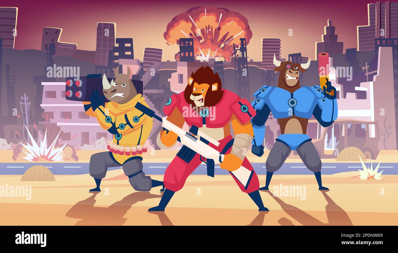 Armored animals. Fantasy war with aliens exact vector cartoon ...