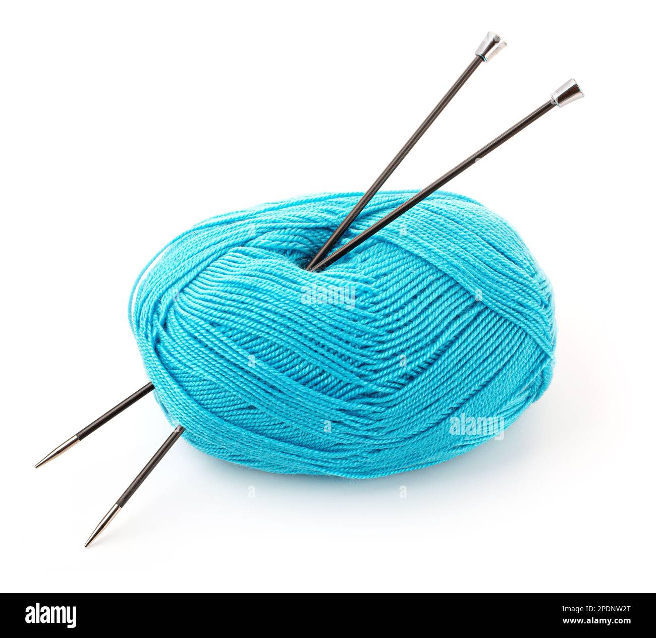 Blue threads and knitting needles isolated on white background Stock ...