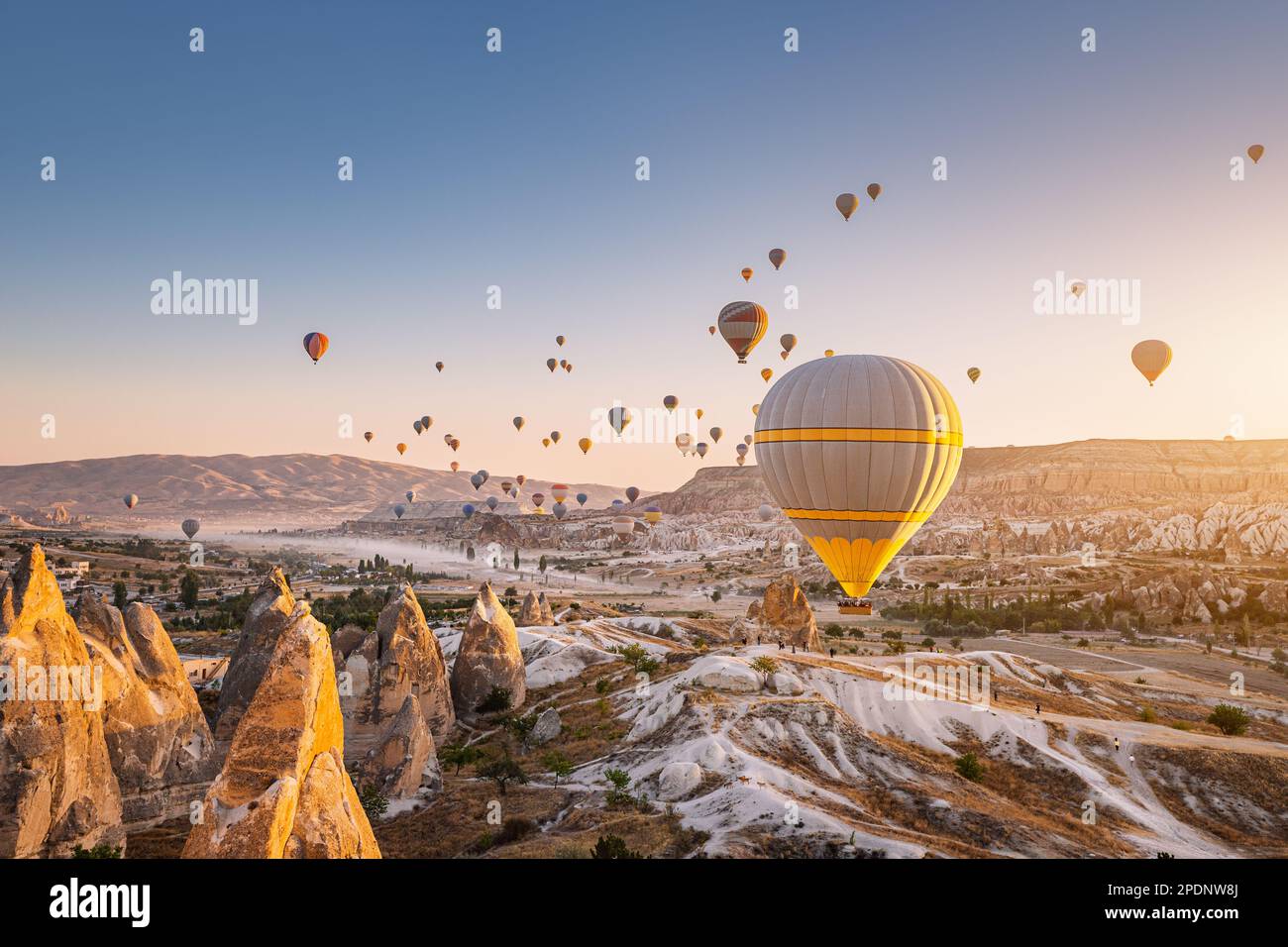 Beautiful panoramic view of the valley in Cappadocia with magical ...