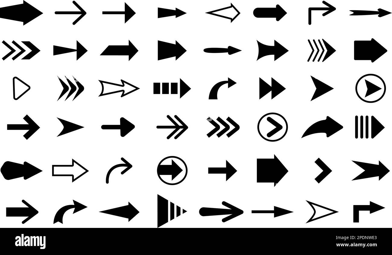 Black arrows icons, forward pointer graphic collection. Slim arrow, directionality sign isolated ...
