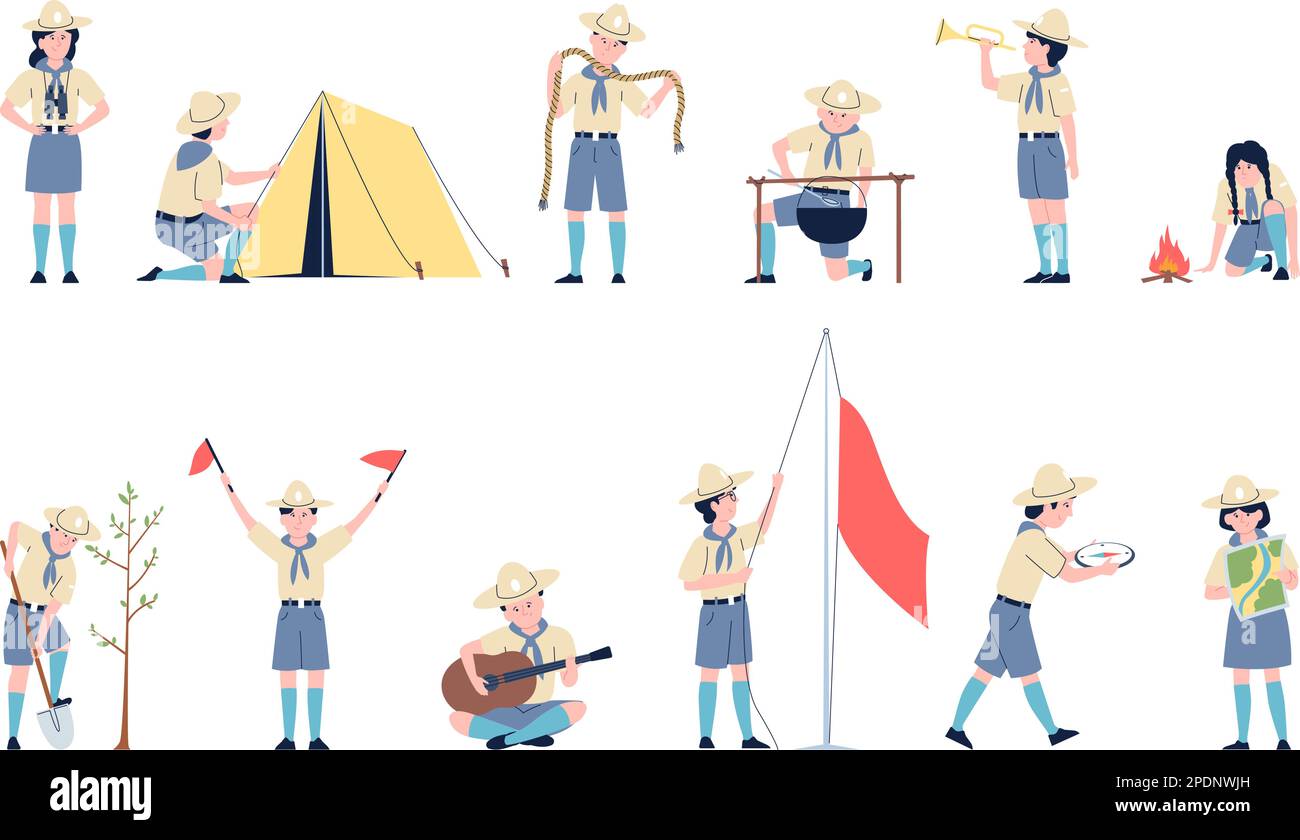 Kids in scout costumes. Children scouts flat characters, young students ...