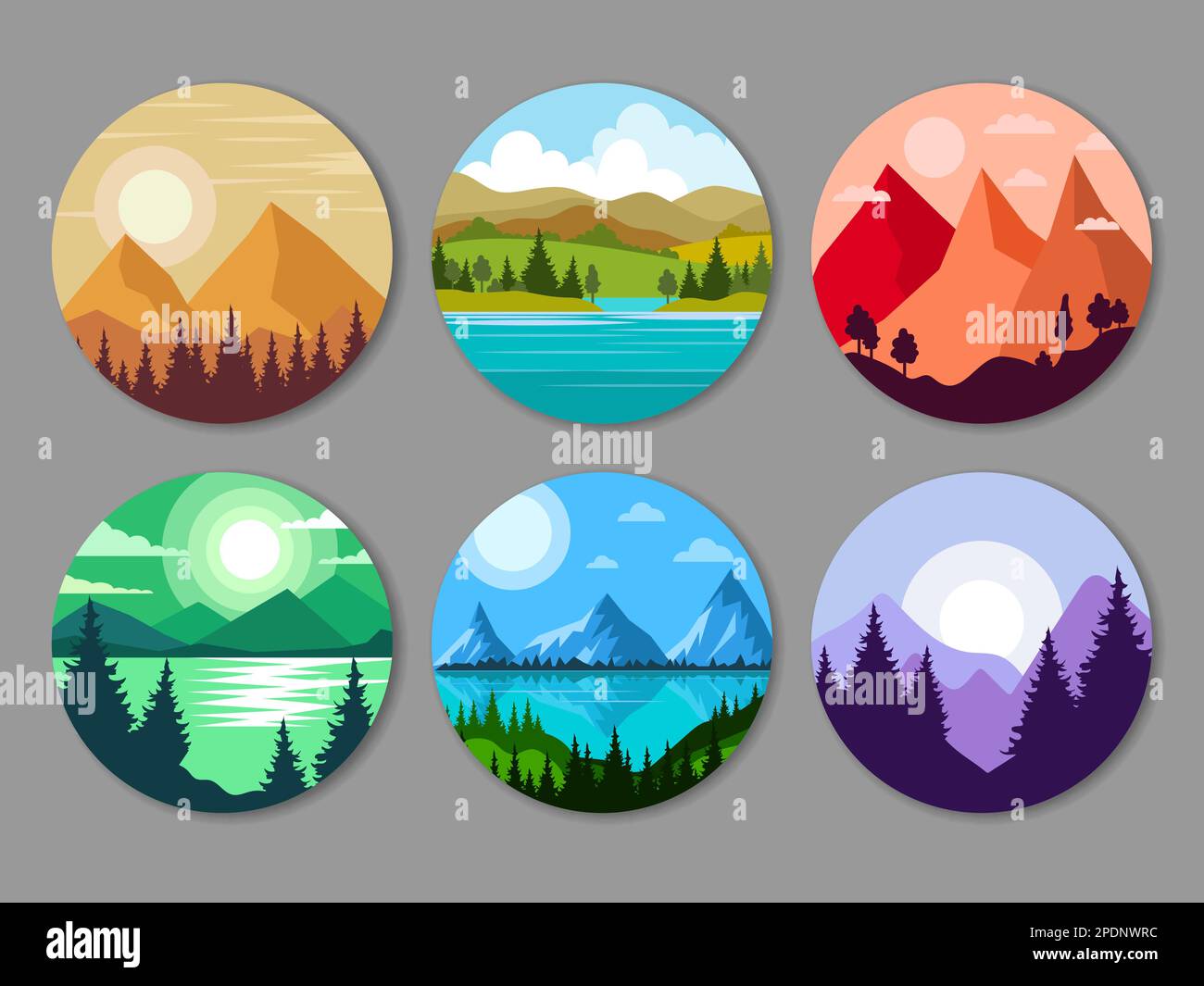 Landscape. Circle frames with colored natural weather backgrounds with ...