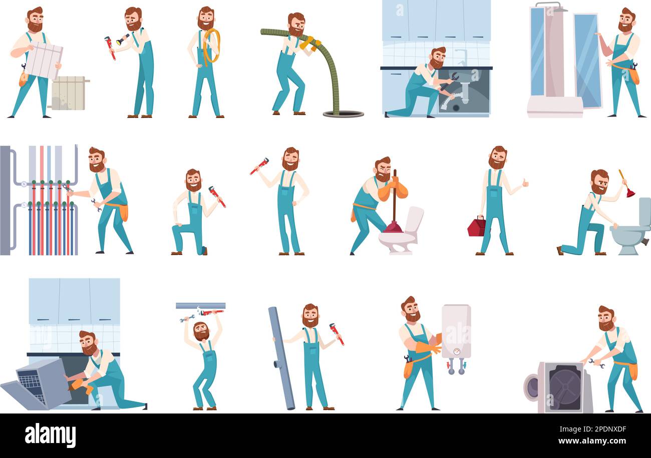 Plumber scenes. Repair service mascots working at home fixing washing ...