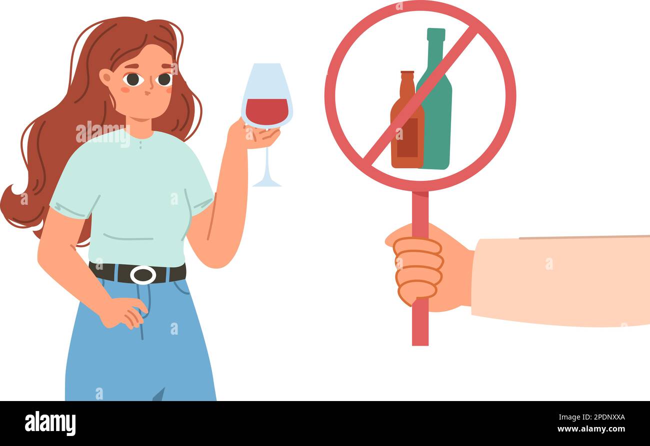 Stop drinking concept. Young girl hold glass of wine, drunk woman. Bad ...