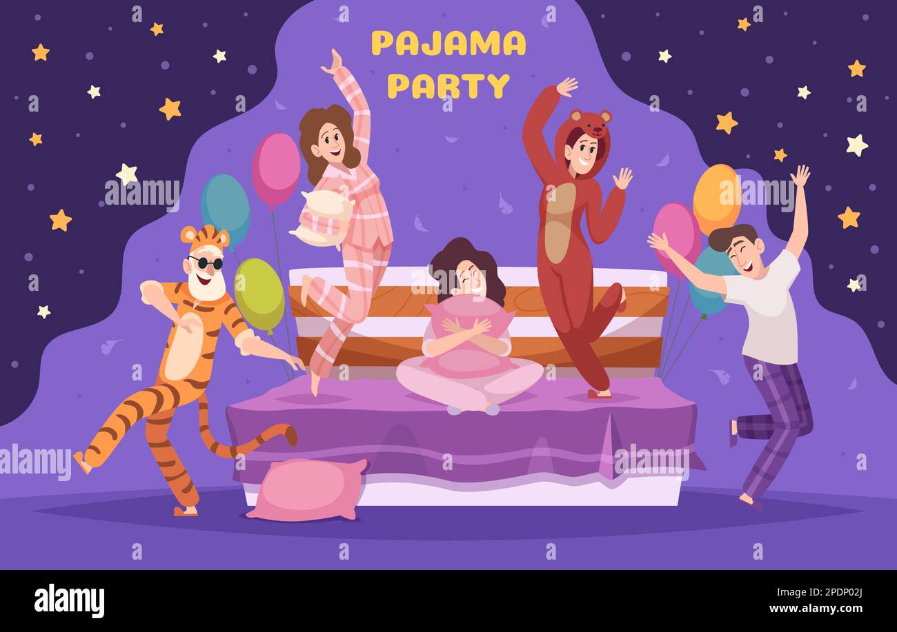 Pajamas party. Cartoon background with sleep time event with funny ...