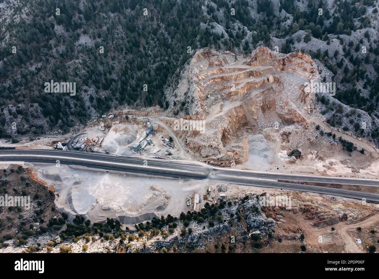 Aerial view of a crushed stone quarry for road construction in ...