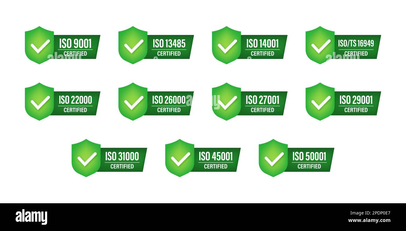 Set of ISO Certification stamp and labels. ISO Certified badge. Information security management ...