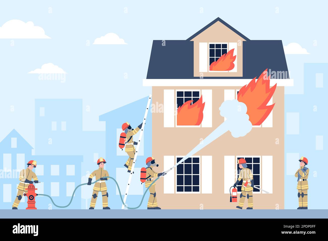 House on fire and firefighters in uniform put out it. Fires danger and ...