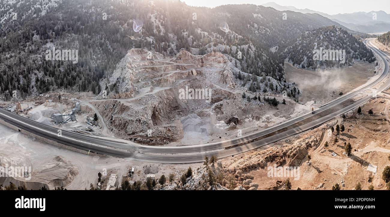 Aerial view of a crushed stone quarry for road construction in ...