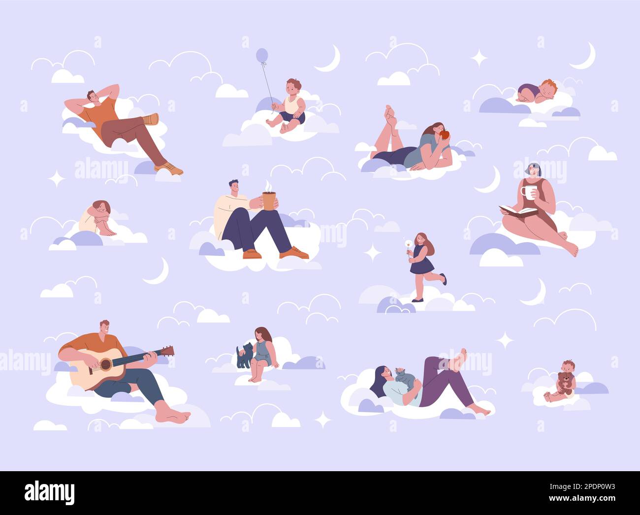 Play in clouds. Children and adults sitting and resting on fluffy ...