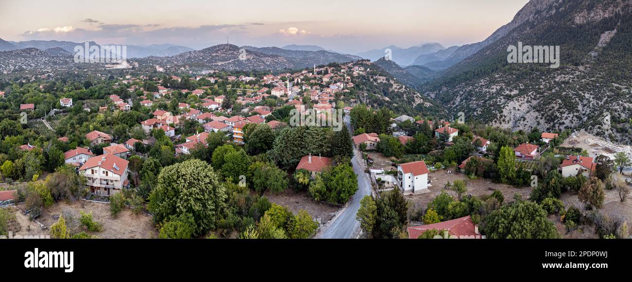 The aerial view of Ormana village in the mountains of Turkey is ...