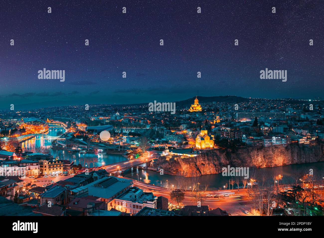 Tbilisi, Georgia. night dusk evening Top View Of Famous Landmarks In ...